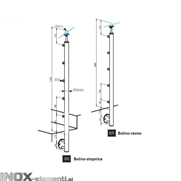 Inox Steber D12/1000-D42 satiniran, bočni, 42,4 BS 1100mm , na spletni ...